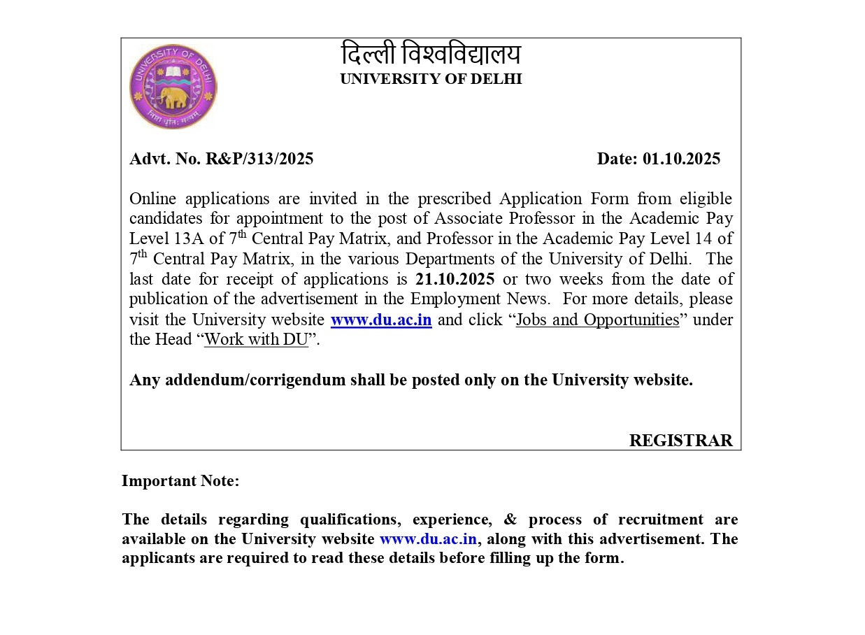 Delhi University Recruitment 2025 - Apply Online 56 Associate Professor, Professor Posts